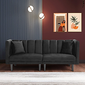 Lepfun Futon Bed Convertible Velvet, Modern Sleeper Sofa with 2 Pillows, 3 Adjustable Angles for Backrest, Living Room Couch with 7 Sturdy Metal Legs, Upholstered Loveseat for Home, Office, Black