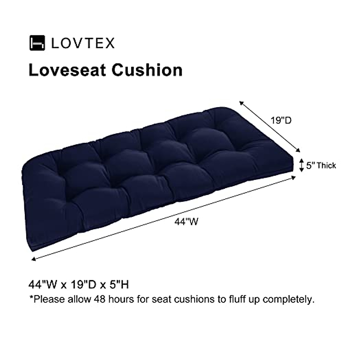 LOVTEX Tufted Bench Cushions for Outdoor Furniture Waterproof, 44 x 19 inches Patio Swing Cushions Navy - Overstuffed Indoor/Outdoor Loveseat Cushions with Round Corner