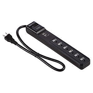 Amazon Basics 6-Outlet Surge Protector Power Strip, 2 USB Ports, 2 Ft Cord - 500 Joule, Black, 2-Pack