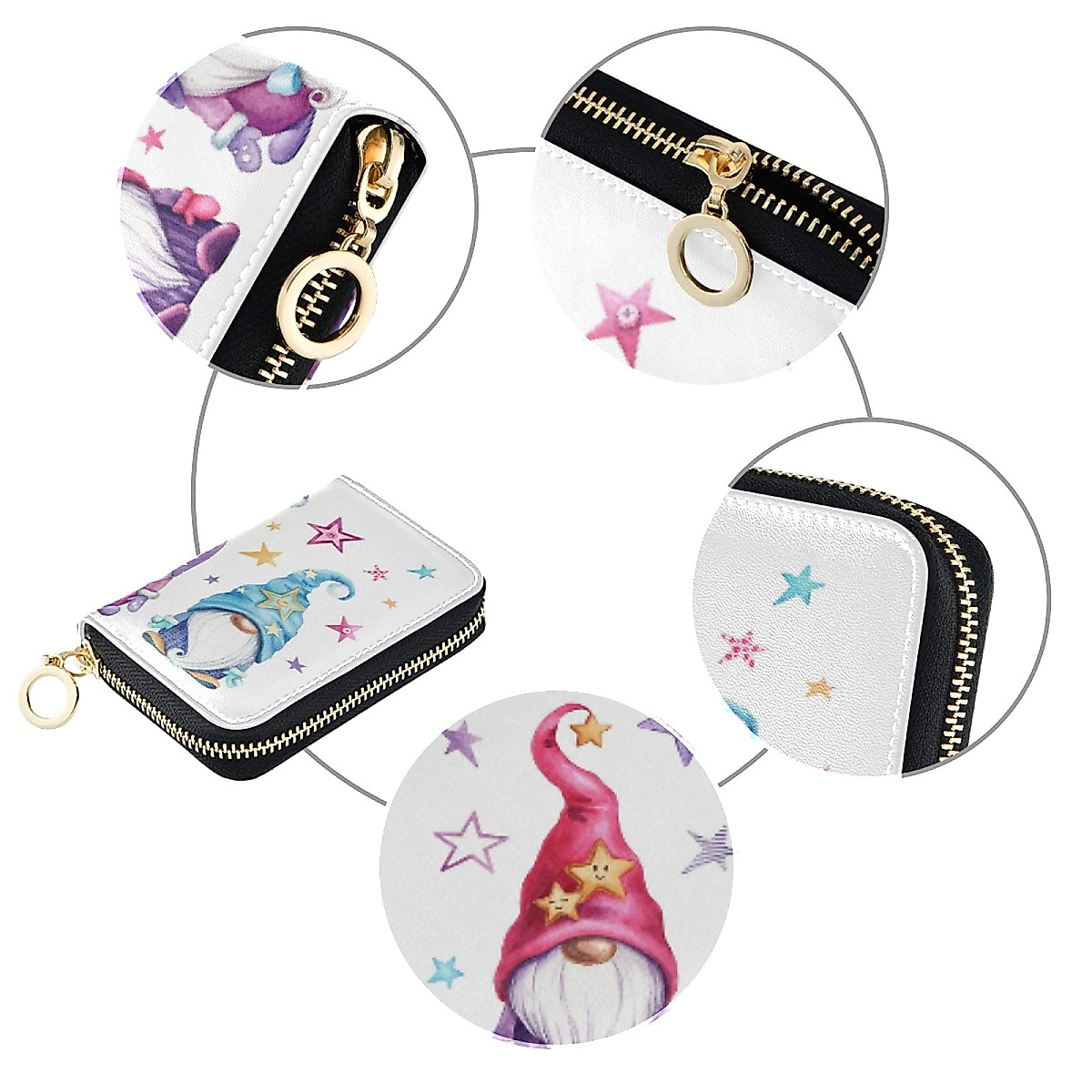 Scandinavian Gnomes St. Patrick's day Green Shamrock Grey Credit Card Coin wallet, RFID Blocking Compact Women Leather Card Holder, Key Change Organizer, Zipper Purse Clutch Pouch Pocket