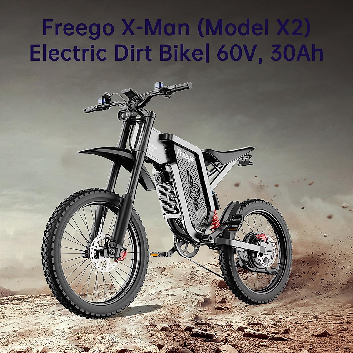 Freego X2 Electric Motorcycle for Adults, Electric Dirt Bike for Adult 6000W Motor 60V/30Ah Removable Battery, 60Mph/60Mile Electric Mountain Bicycle, 19" x2" Tire Full Suspension,Full Hydraulic Brake