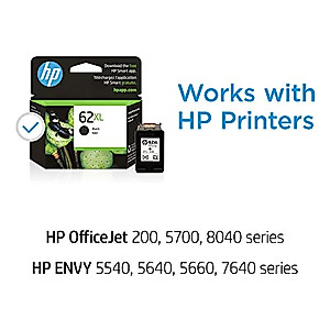 HP 62XL Black High-yield Ink | Works with HP ENVY 5540, 5640, 5660, 7640 Series, HP OfficeJet 5740, 8040 Series, HP OfficeJet Mobile 200, 250 Series | Eligible for Instant Ink | C2P05AN