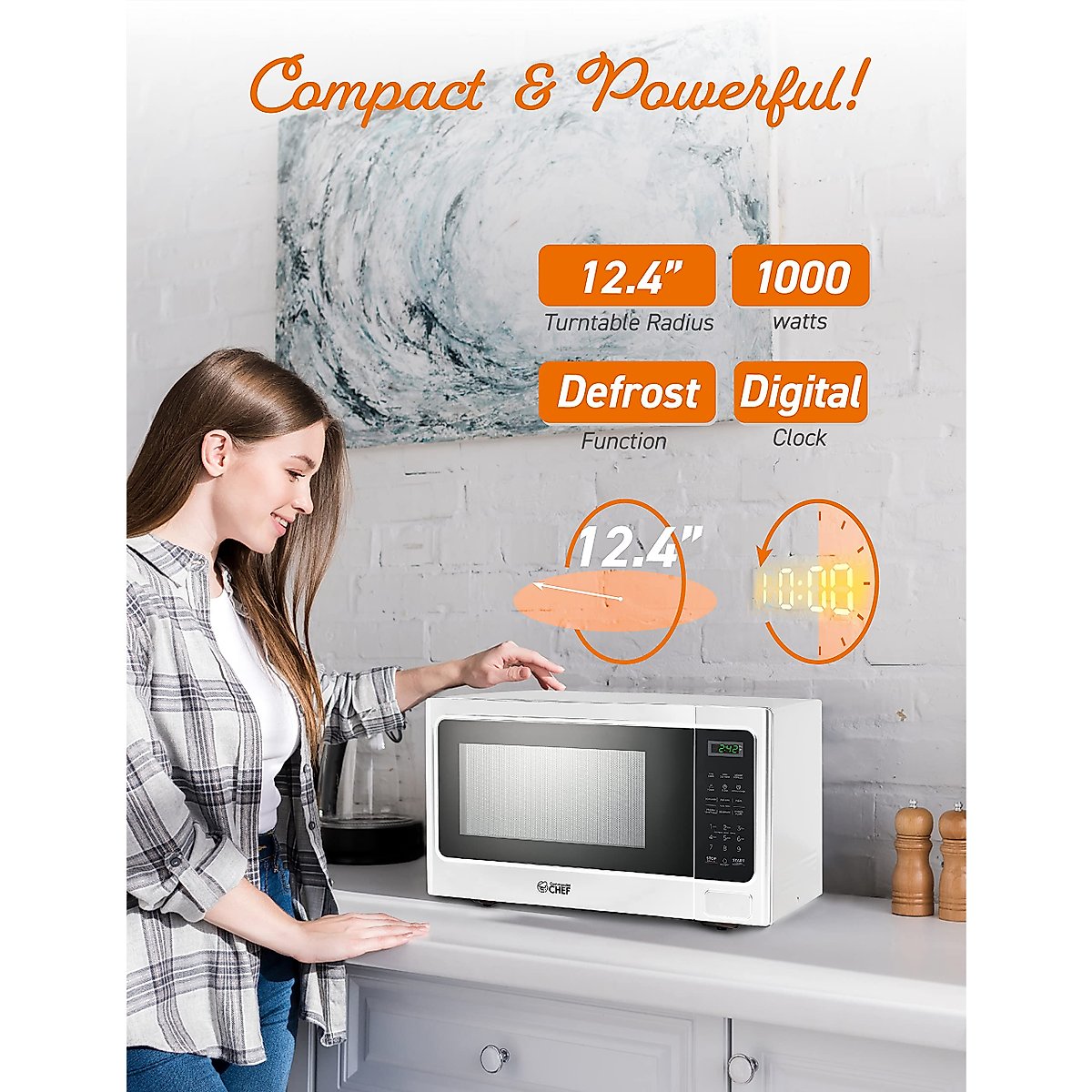 COMMERCIAL CHEF Microwave 1.3 Cu Ft with 10 Power Levels, Microwave with Push Button Door Lock, 1000W Countertop Microwave with Timer and Digital Controls, White