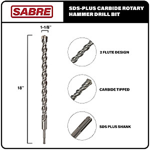 Sabre Tools 1-1/8 Inch x 18 Inch SDS Plus Rotary Hammer Drill Bit, Carbide Tipped for Brick, Stone, and Concrete (1-1/8" x 16" x 18")