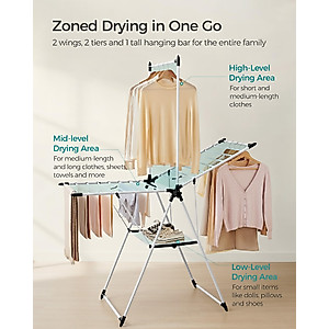 SONGMICS Clothes Drying Rack, Foldable 2-Level Laundry Drying Rack, Free-Standing Airer, 1 Additional Tall Hanging Bar, 2 Height-Adjustable Wings, 24 Drying Rails, Space Savng, Simply White ULLR521W01