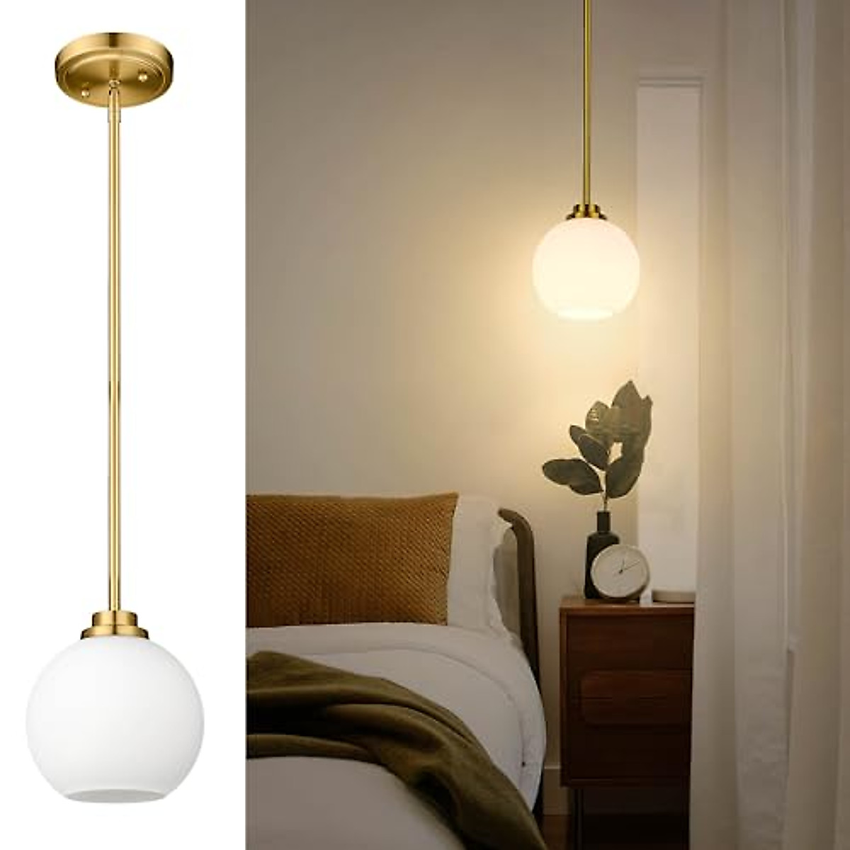 Audickic Farmhouse Gold Pendant Light Fixtures, Pendant Lights Kitchen Island with Milk Glass Globe Shade, Farmhouse Hanging Pendant Light for Dining Room Entryway, AD-22280-1P-GD-W