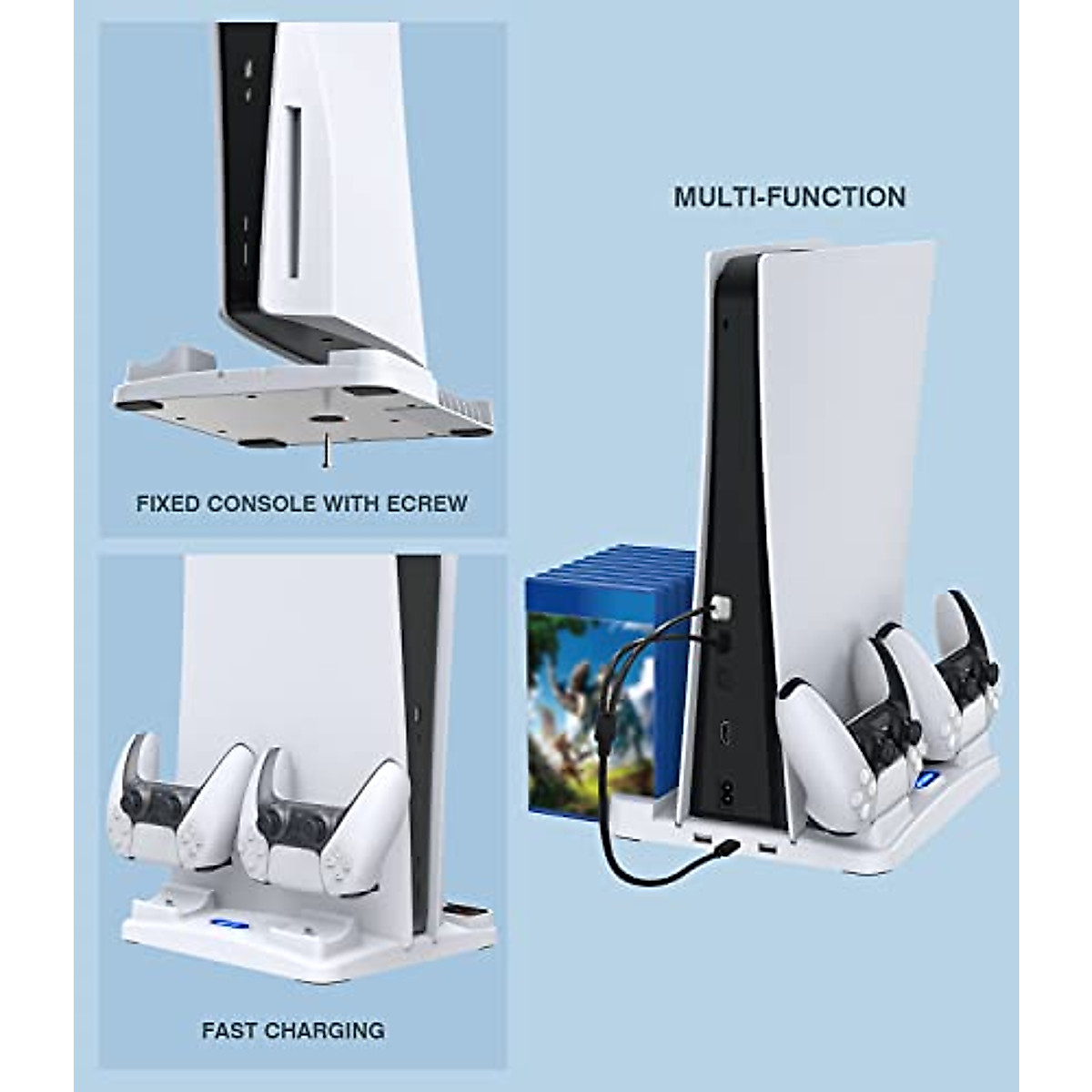 PS5 Stand and Cooling Station with Dual Controller Charging Station Compatible with PS5 Controller,Compact PS5 Accessories with Cooling Fan,Controller Charger,2 in 1 USB Cable, Media Slot, Screw