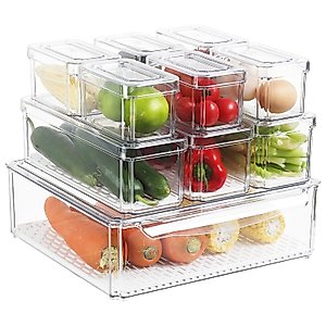 OMNISAFE Refrigerator Organizer Plastic Bins with Lids, Stackable Fridge Pantry Organizer, BPA-Free Fruit & Food Storage Bins for Kitchen, Vegetable, Cereals (10 Pack)