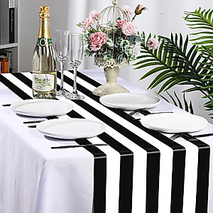 Peryiter 6 Pcs Black and White Table Runner Plastic Striped Table Runner Elegant Classic Disposable Table Decoration for Wedding Birthday Party Supplies Indoor Outdoor Dinner Banquet, 14 x 108''