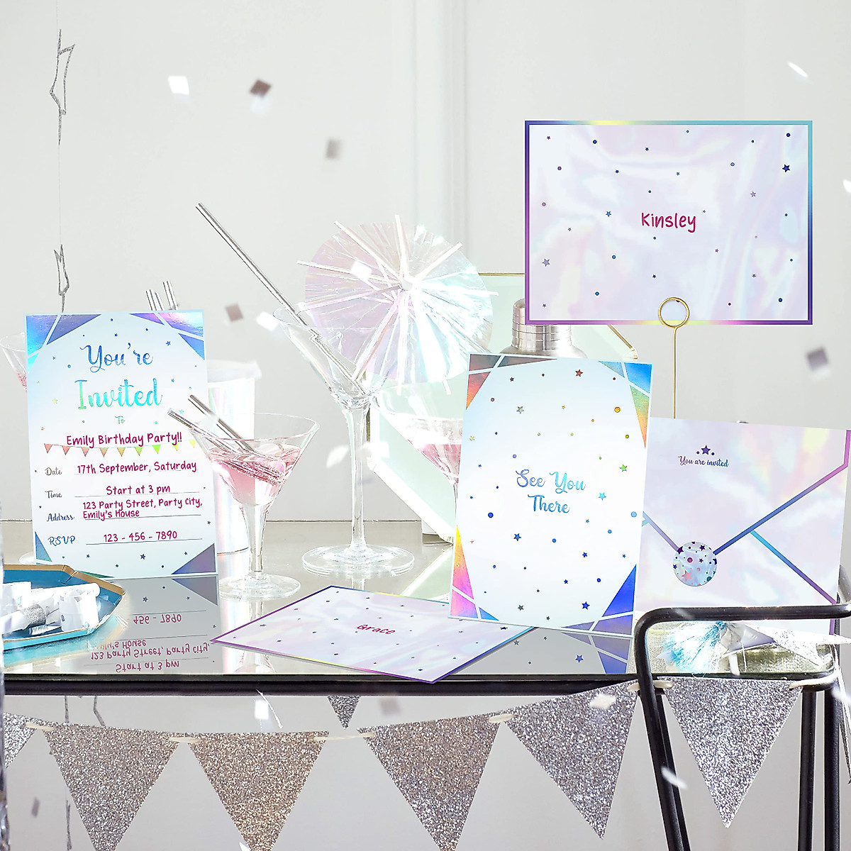 Cheerland 12 Set Iridescent Invitation Card Holographic Invites Birthday Party Wedding Bridal Shower Graduation Sweet 16 Bridal Shower Bachelorette Party Supplies