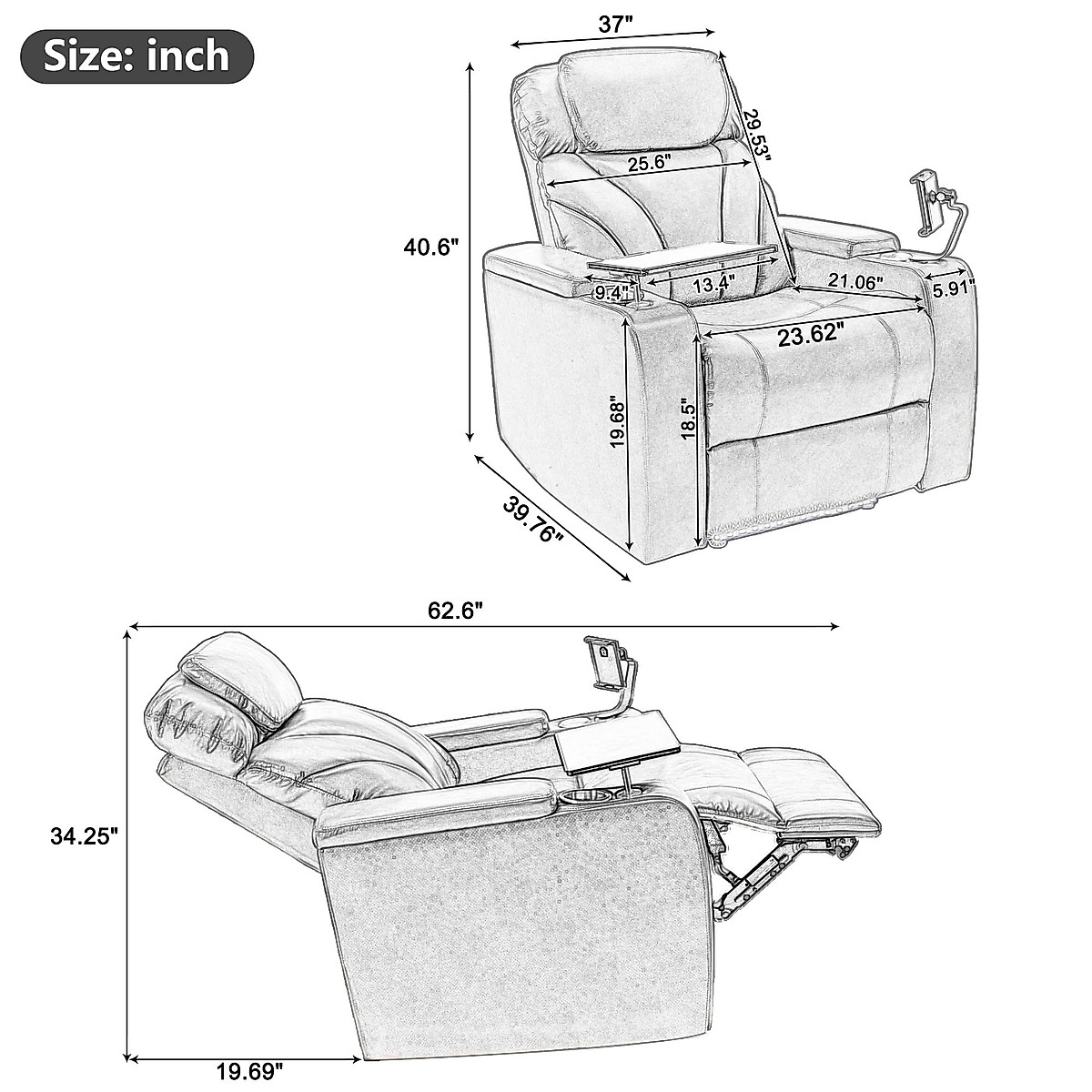 UFINEGO Power Recliner Chair with USB Port and Cup Holders, Home Theater Seating Reclining Chair Electric Recliners with Swivel Tray Table & Hidden Arm Storage for Living Room Bedroom, Grey