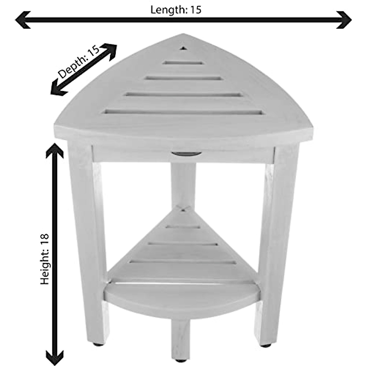 CoastalVogue Snazzy Corner Teak Shower Corner Bench Wood Corner Shower Seat Bench with Shelf 15" Wide Corner Shower Foot Stool in Antique White Finish