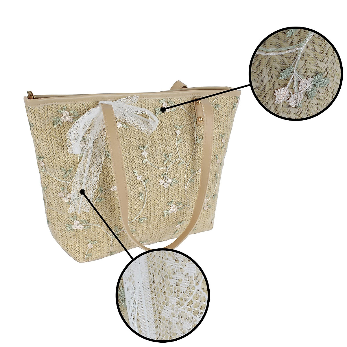 Goclothod Women Flower Embroidered Straw Handbag Lace Woven Large Shoulder Bag Summer Beach Purse