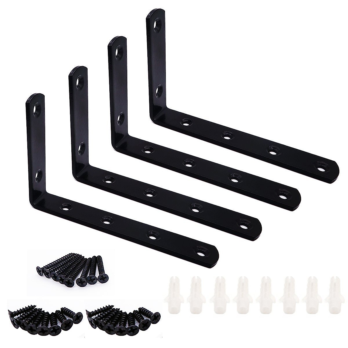 4 PCS 90 Degree Angle L Shaped Shelf Bracket with 24 Pcs Screws and 8 Pcs Anchors, Corner Brace Joint Bracket Fastener, 5 x 3Inch Floating Shelves Bracket Support Wall Hanging, Black, Metal