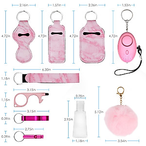Safety Keychain Set for Women and Kids, 10 Pcs Safety Keychain Accessories, Self Defense Keychain Set for Girls with Safe Sound Personal Alarm, No Touch Door Opener, Whistle and Pom, Pink