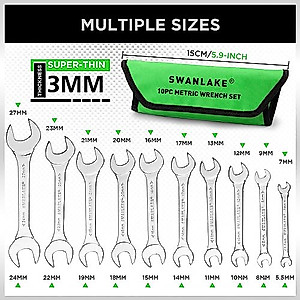 SWANLAKE 10Pcs Super-Thin Open End Wrench Set, CR-V Steel, Metric Size 5.5, 7, 8, 9, 10, 11, 12, 13, 14, 15, 16, 17, 18, 19, 20, 21, 22, 23, 24, 27mm Slim Spanner Wrench Set with Pouch(10pcs METRIC)