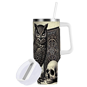 ODAWA Mystic Owl Skull Coffee Tumbler with Lid and Straw Insulated Mug 30 Oz Stainless Steel Water Bottles
