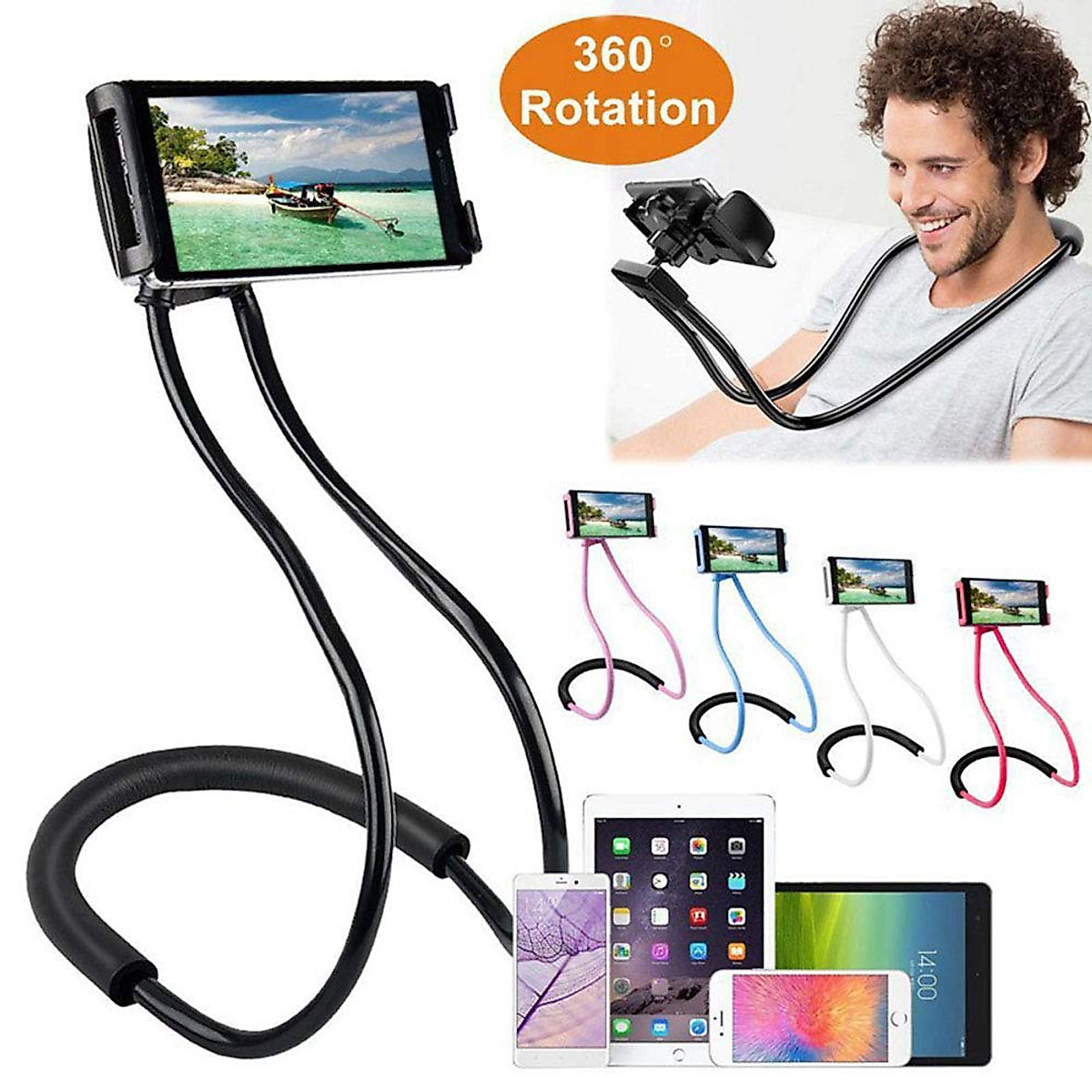 360 Degree Flexible Smart All Cell Phone Holder Adjustable Rotating Mounts with Multiple Function Bracket for Table, Bed, Car, Hang Neck, Bed Neck, Put Any Where You Want (Black, 12.56.4cm)