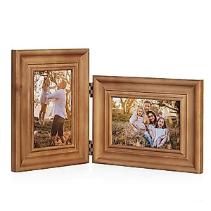 Tamolus 4x6 Double Hinged Picture Frame Folding Photo Frame Vertical and Horizontal in Distressed Farmhouse Wood Grain Pine Wood with Real Glass for Tabletop X5-MU-SH46