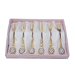 Royal Flatware 6pc Gold-Plated Lomonosov Ornament Cobalt Net Forks Set, Dessert Silverware Vintage Set