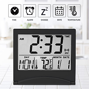 KANBIT Small Digital Travel Alarm Clock Battery Operated, Portable Large Number Display Alarm Clock with Date & Temperature,12/24 H Small Desk Clock-Black(No Light)