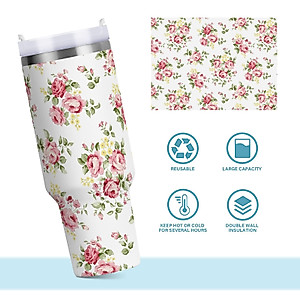 Joisal Rose Flower Floral Coffee Tumbler 40 Oz Coffee Cups with Handle and Straw Lid