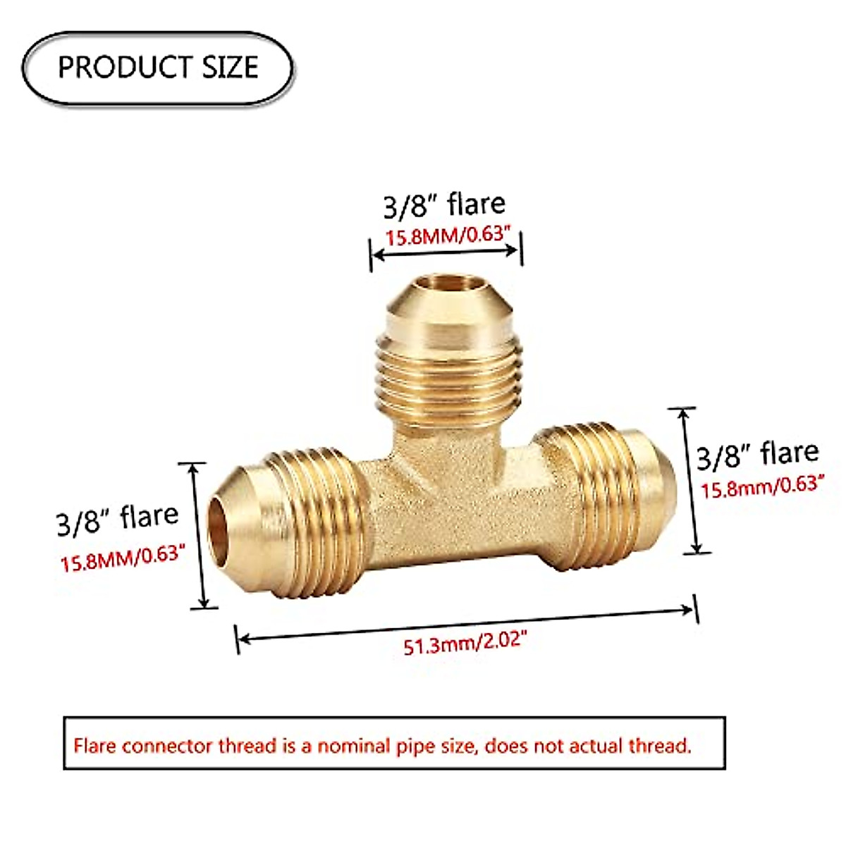 HQMPC Flare Fitting Brass Tee 3/8" Flare Tee Brass Tube Tee Fitting Gas Fitting 6Pcs