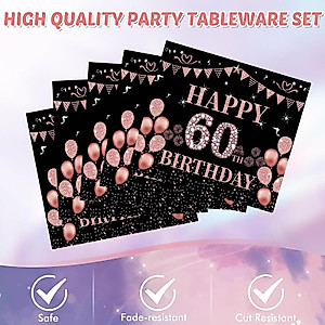 Black Rose Gold Birthday Party Supplies,Disposable Party Tableware Sets - 60 Years Paper Plates,Napkins,Plastic Forks Knives,Tablecloths,60th Birthday Decorations for Men,24 Guests