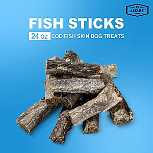 Amzey Cod Skin Dog Treats 24 OZ, High Protein Cod Fish Skin Rolls Rich in Omega-3, 100% Natural Dried Cod Fish Dog Chews for Teeth Cleaning, Pack of 4 Resealable Bags