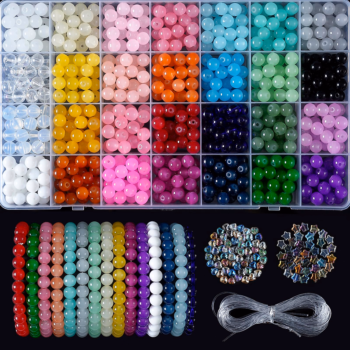 Biuthieny 800 pcs Glass Beads for Jewelry Making,28 Color 8mm Glass Crystal Beads with Glass Star Heart Spacer Beads for Crafts DIY Bracelet Earrings Necklace Making