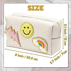 LieToi Preppy Patch Cosmetic Toiletry Bag, PU Leather Portable Waterproof Makeup Bag Smile Lightning Rainbow Organizer Compliant Bag Daily Travel Use Storage Purse for Women Girls (Large, Shell White)