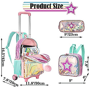 JSMNIAI Girls Rolling Backpacks Wheels Roller Backpack Laptop Travel Luggage with Lunch Box for Elementary Girls Students