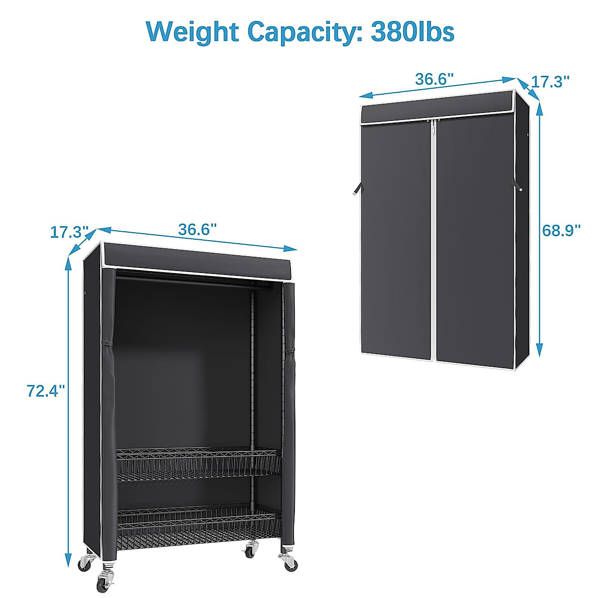 VIPEK R2C Plus Rolling Garment Rack with Cover and Wheel, Heavy Duty Rolling Clothes Rack with Cover, Covered Clothes rack For Hanging Clothes Black Metal Rolling Clothing Rack with Basket Black Cover