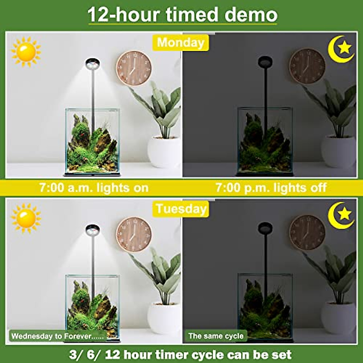 Yekavo Aquarium Light, Full Spectrum LED Fish Tank Grow Light with Timer, 5W Plants Terrarium Light with Metal Stand, for Betta Fish Bowl, Reptile Terrarium, Plant Landscape Tank, Potted Plants