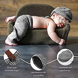 SPOKKI 4 Pcs Newborn Baby Photo Props, Lattice Rompers Suspender Pants with Beret Glasses Bow Tie for Infant Boys' Costumes, Newborn Boy Photography Outfit Set, Checked Fabric Gentleman Suit (Grey)
