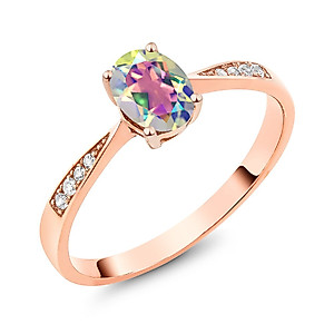 Gem Stone King 10K Rose Gold Mercury Mist Mystic Topaz and White Diamond Engagement Ring For Women (0.86 Cttw, Gemstone Birthstone, Oval 7X5MM, Available In Size 5, 6, 7, 8, 9)