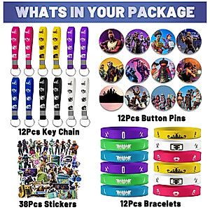 74Pcs Video Game Party Favors Supplies Gift Set Include 12 Bracelets 12 Button Pins 12 Keychains 38 Stickers Game Themed Party Favors Birthday Decorations for Kids Game Fans