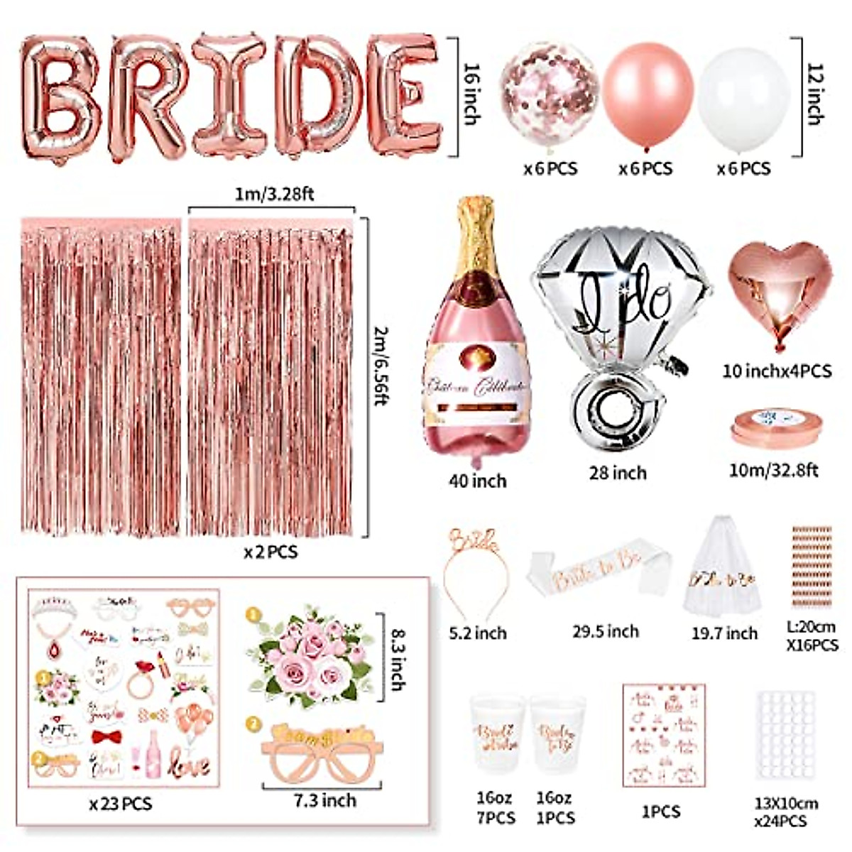 MOVINPE Bachelorette Party Decorations, Bride to Be Sash, Veil, Tiara, Photo Booth Props, Foil Curtains, Champagne Ring Balloon, Cups, Straws, Tattoos, Rose Gold Bridal Shower Party Supplies Decor