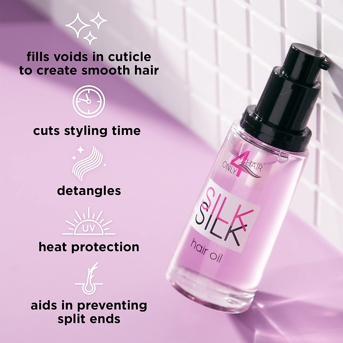 ONLY4HAIR Silk Hair Oil for Dry Damaged Hair Treatment - Anti Frizz Control Hair Care Serum - Jojoba & Argan & Almond Oils - Shine, Gloss, Split End Repair, Smoothing, Bonding, Heat Protectant For Curly Frizzy Colored Bleached and All Hair Types
