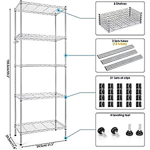 5-Shelf Shelving Units and Storage Heavy Duty, Wire Adjustable Shelf Utility Commercial Steel Organizer, Metal Shelves Wire Rack with 4 Hooks for Kitchen Bathroom Office and Garage, Set of 2 (Silver)