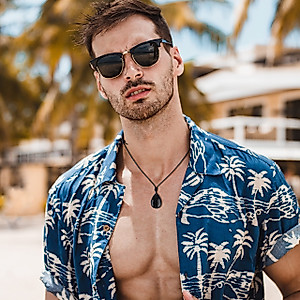 COAI Adjustable Leather Cord Teardrop Black Obsidian Necklace