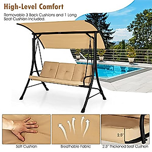 Tangkula 3 Person Porch Swing, Outdoor Swing with Removable Cushions, Solid Steel Structure, Patio Swing with Adjustable Canopy for Garden, Backyard, Balcony, Poolside