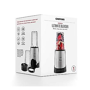 Chefman Personal Ultimate Kitchen Blender, Quick Portable Blending of Shakes, Smoothies, Baby Food & Juice, 2 Travel Cups, Cover & Drinking Rim, 6-Piece Set, Dishwasher-Safe Stainless-Steel Blade