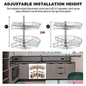 Kidney Chrome Lazy Susan,2 Tier Adjustable Kitchen Corner Cabinet Organizer 32" Blind Corner Shelf for Space Saving Corner Cabinet Blind Shelf