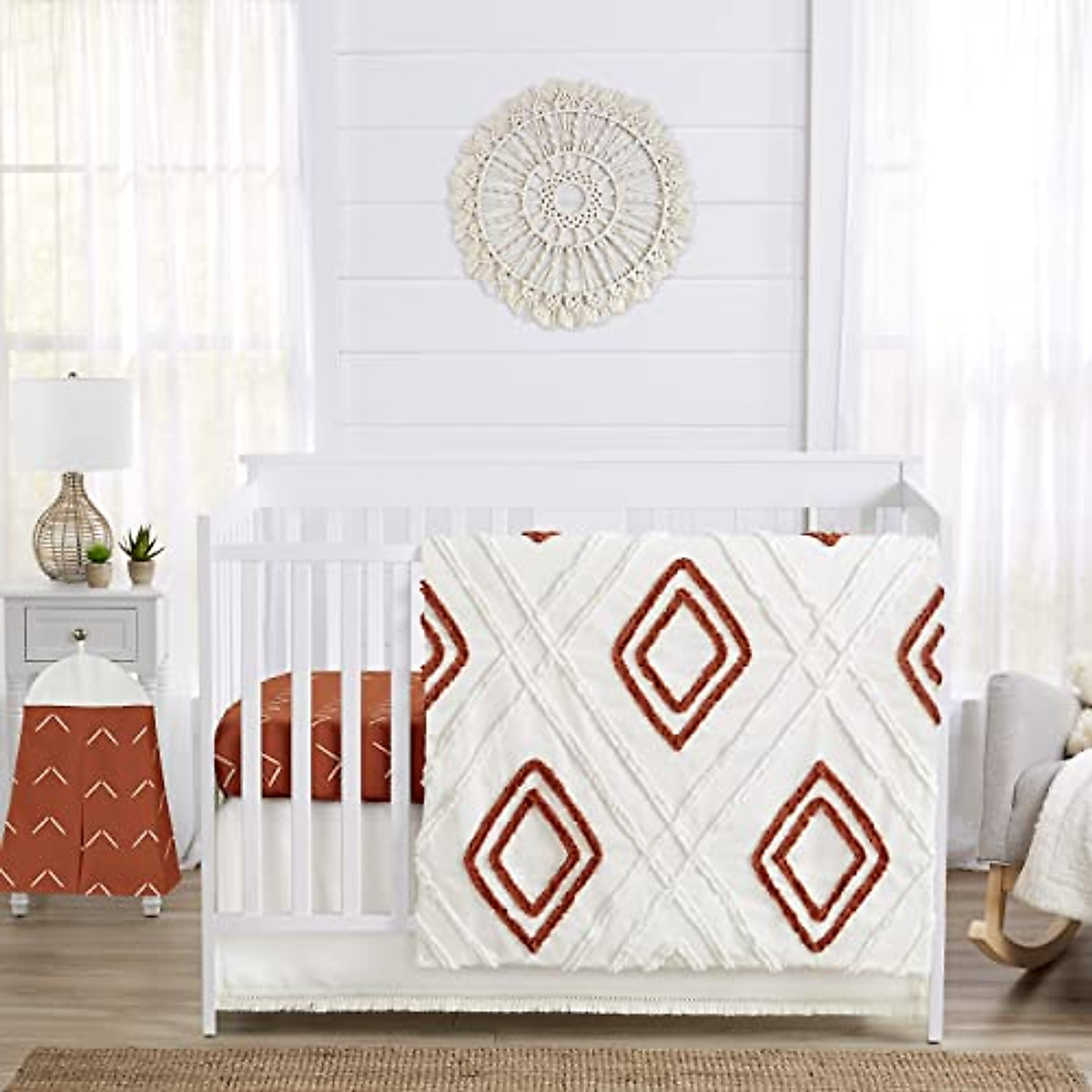 Sweet Jojo Designs Boho Diamond Baby Boy Girl Nursery Crib Bedding Set - 4 Pieces - Ivory Burnt Orange Rust Off White Diamond Tufted Bohemian Farmhouse Southwest Shabby Chic Designer Arrow Chevron
