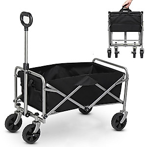Collapsible Folding Wagon Wheels Lockable, Heavy Duty Utility Wagon Cart with All Terrain Wheels & Drink Holders for Camping, Garden, Sports, Picnic, Shopping, Black