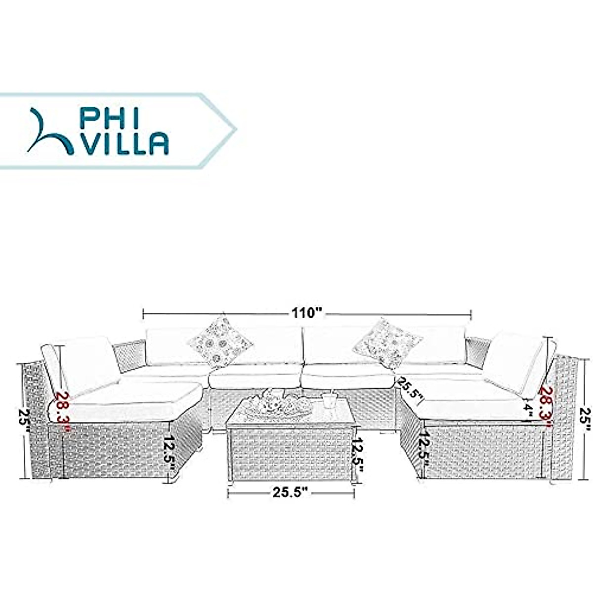 PHI VILLA 7-Piece Outdoor Rattan Sectional Sofa All Weather Patio Wicker Furniture Set Lawn Conversation Sets Cushioned Garden Sofa Set (Blue)