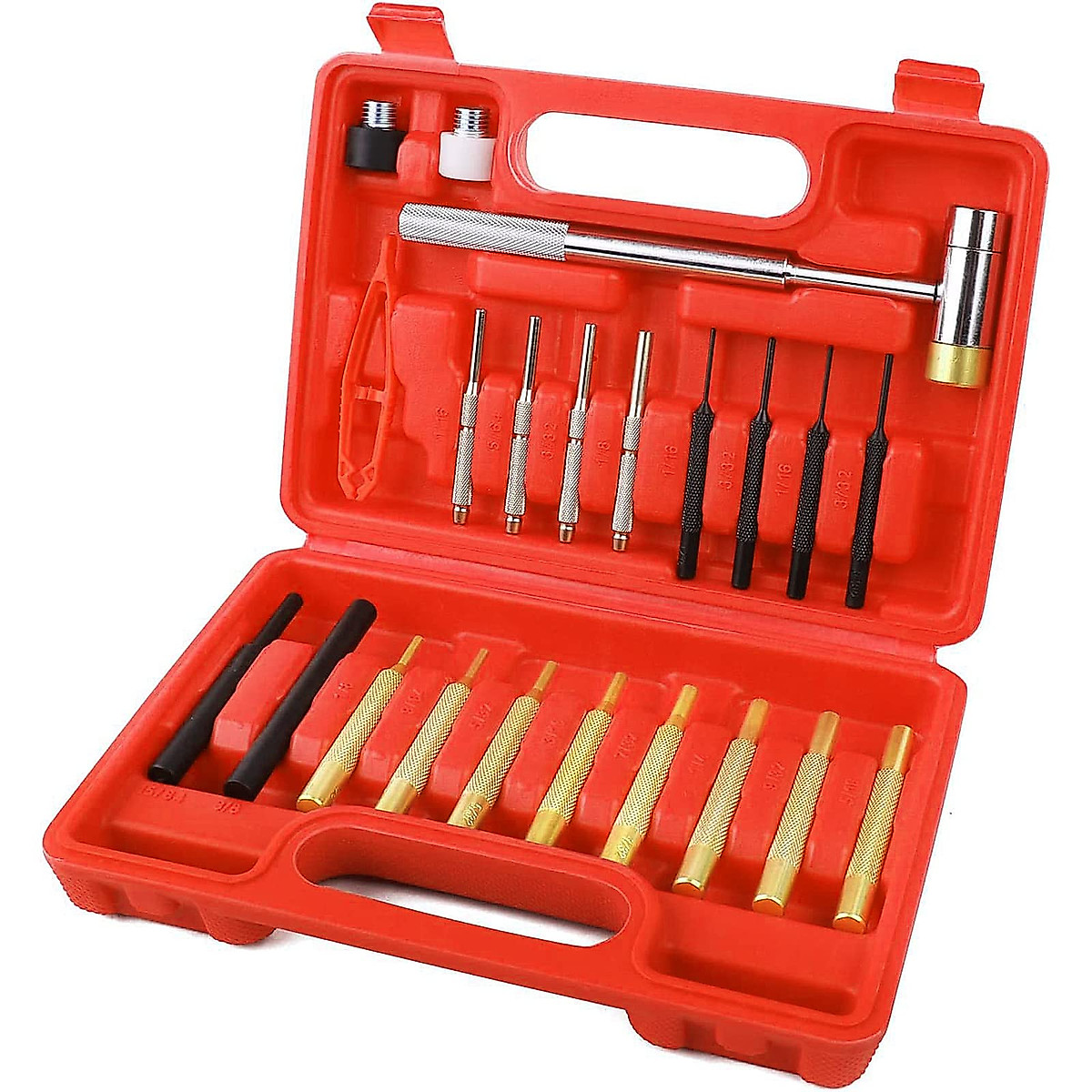SEDY 22-Pieces Roll Pin Punch Set, Roll Pin Starter Punch, Brass, Steel, Plastic Punches, 4 Heads Hammer & 1 Plastic Tweezers. Red Storage Carring Case provided