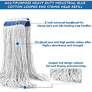 24 oz Loop-End Cotton String Mop Head, Heavy Duty String Mop Refills, 6 Inch Headband, Mop Head Replacement for Home, Industrial and Commercial Use(White)