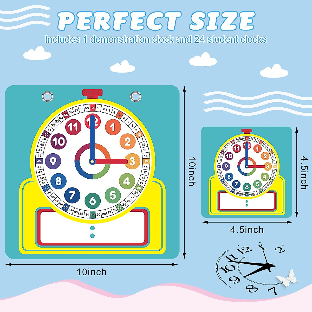 Junkin 25 Pcs Teaching Clock Kit, Clocks Practice Clocks for Kids Learning Time with Erasable Surface for Home School Classroom Supplies (Vivid Style)